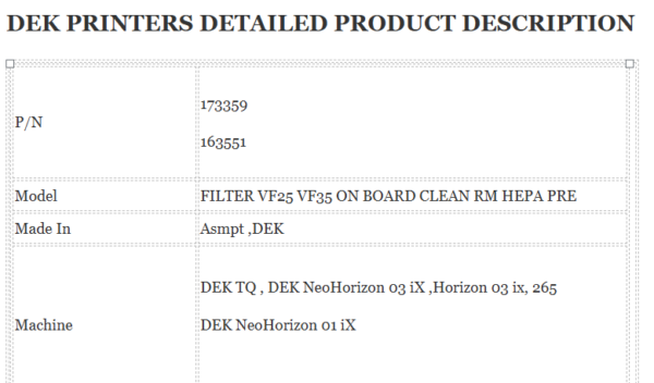 Dek Printer 173359 Hepa Filter 163551 VF35 Origin New Asmpt