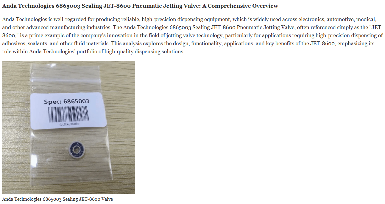 Anda Technologies 6865003 Sealing JET-8600 Valve Origin New